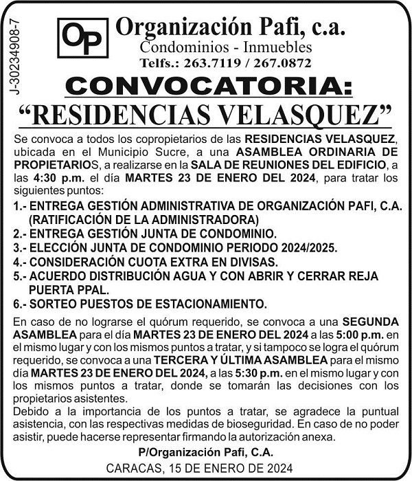 CONVOCATORIA EDIFICIO VELASQUEZ